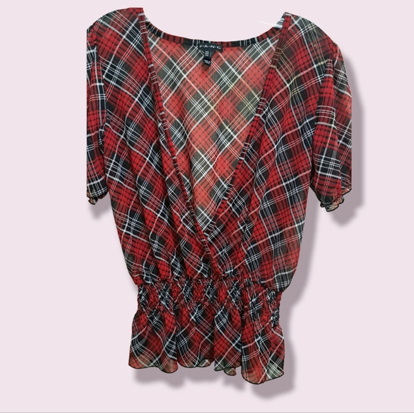FANG | Tops | Fang Red Black Plaid Peplum Ruffle Deep V Sexy Blouse ...
